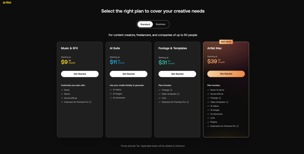 Artlist pricing and plans explained